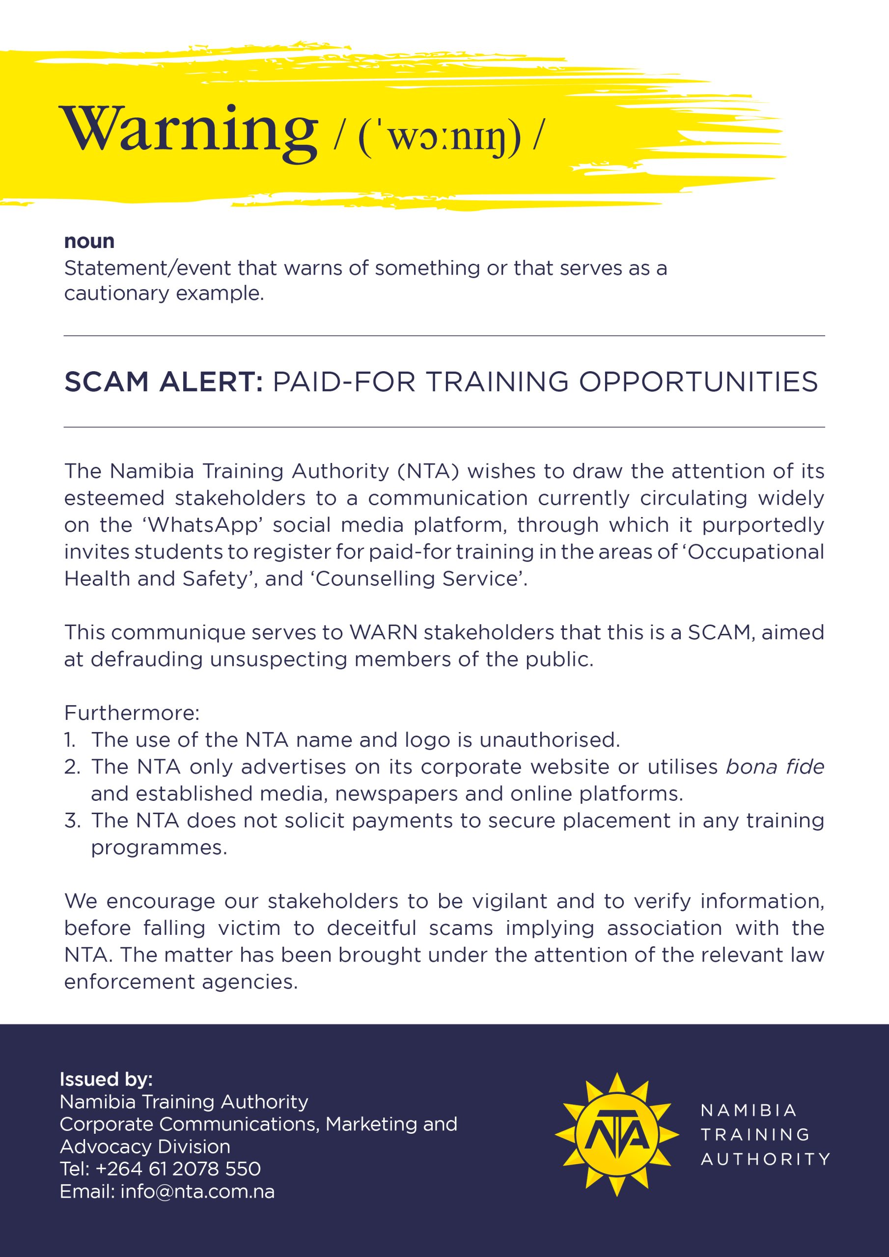 SCAM ALERT: PAID-FOR TRAINING OPPORTUNITIES - NTA